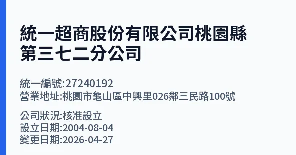 統一超商股份有限公司桃園縣第三七二分公司的照片-統編 27240192(桃園市) 公司登記資料與營業項目詳細圖表