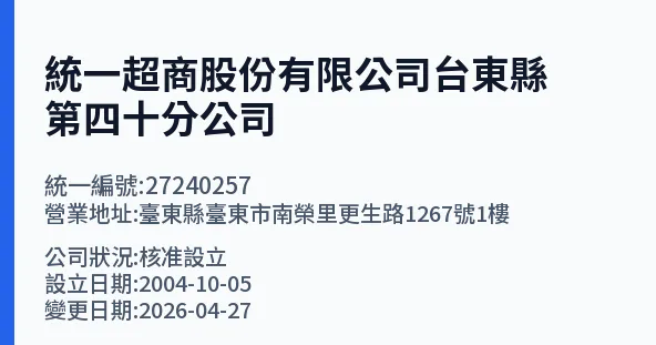 統一超商股份有限公司台東縣第四十分公司的照片-統編 27240257(臺東縣) 公司登記資料與營業項目詳細圖表