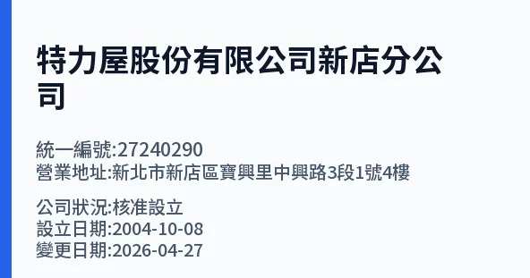 特力屋股份有限公司新店分公司的照片-統編 27240290(新北市) 公司登記資料與營業項目詳細圖表