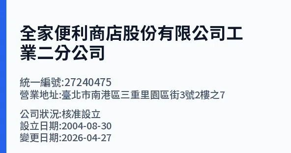 全家便利商店股份有限公司工業二分公司的照片-統編 27240475(臺北市) 公司登記資料與營業項目詳細圖表