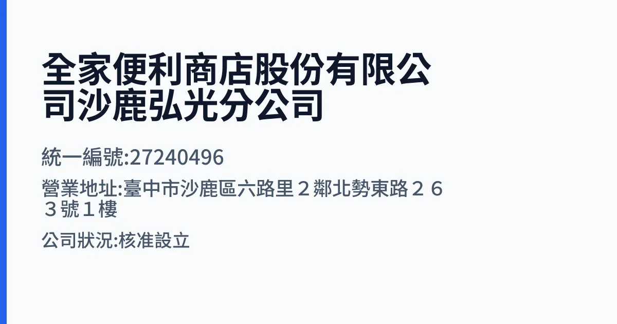 全家便利商店股份有限公司沙鹿弘光分公司 - 統編 27240496(臺中市) 公司登記資料與營業項目詳細圖表