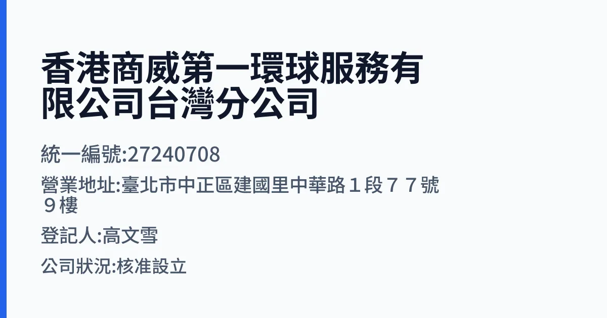 香港商威第一環球服務有限公司台灣分公司 - 統編 27240708(臺北市) 公司登記資料與營業項目詳細圖表