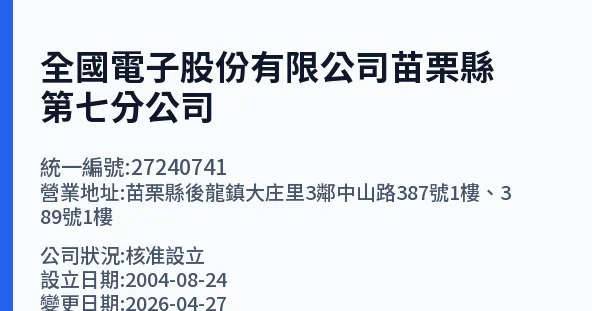 全國電子股份有限公司苗栗縣第七分公司的照片-統編 27240741(苗栗縣) 公司登記資料與營業項目詳細圖表