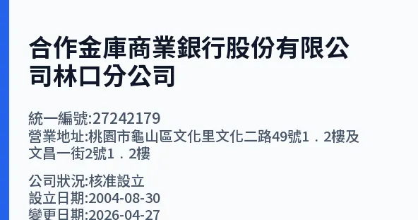 合作金庫商業銀行股份有限公司林口分公司的照片-統編 27242179(桃園市) 公司登記資料與營業項目詳細圖表