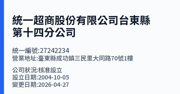 統一超商股份有限公司台東縣第十四分公司的照片-統編 27242234(臺東縣) 公司登記資料與營業項目詳細圖表