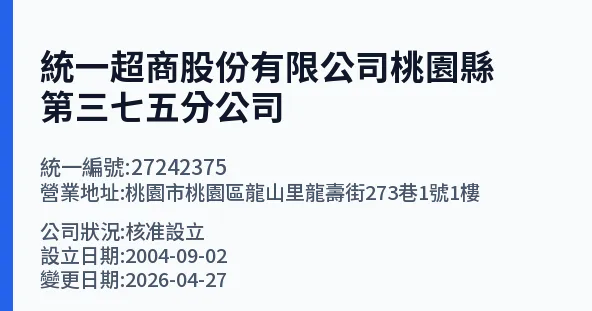 統一超商股份有限公司桃園縣第三七五分公司的照片-統編 27242375(桃園市) 公司登記資料與營業項目詳細圖表