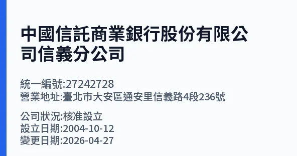 中國信託商業銀行股份有限公司信義分公司的照片-統編 27242728(臺北市) 公司登記資料與營業項目詳細圖表