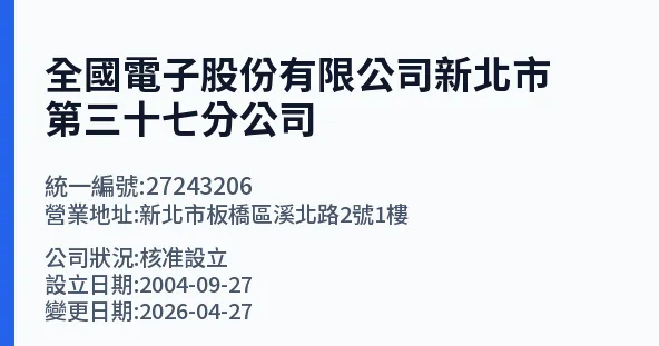 全國電子股份有限公司新北市第三十七分公司的照片-統編 27243206(新北市) 公司登記資料與營業項目詳細圖表