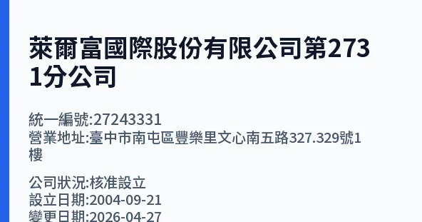 萊爾富國際股份有限公司第2731分公司的照片-統編 27243331(臺中市) 公司登記資料與營業項目詳細圖表