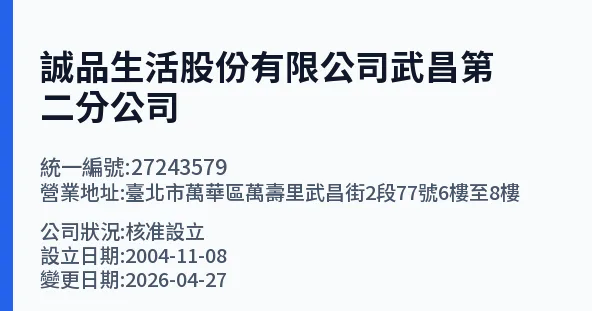 誠品生活股份有限公司武昌第二分公司的照片-統編 27243579(臺北市) 公司登記資料與營業項目詳細圖表