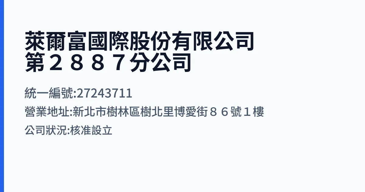 萊爾富國際股份有限公司第２８８７分公司 - 統編 27243711(新北市) 公司登記資料與營業項目詳細圖表