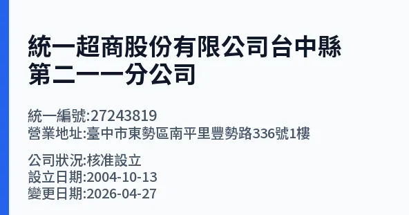 統一超商股份有限公司台中縣第二一一分公司的照片-統編 27243819(臺中市) 公司登記資料與營業項目詳細圖表