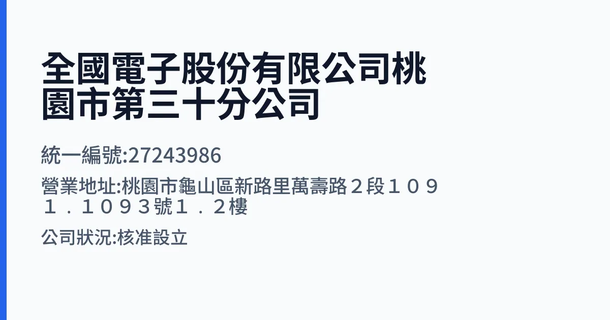 全國電子股份有限公司桃園市第三十分公司 - 統編 27243986(桃園市) 公司登記資料與營業項目詳細圖表