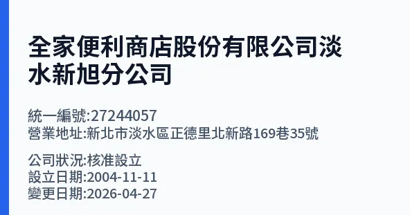 全家便利商店股份有限公司淡水新旭分公司的照片-統編 27244057(新北市) 公司登記資料與營業項目詳細圖表