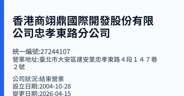 香港商翊鼎國際開發股份有限公司忠孝東路分公司的照片-統編 27244107(臺北市) 公司登記資料與營業項目詳細圖表