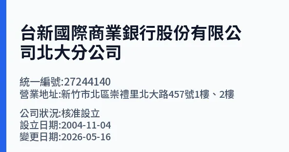 台新國際商業銀行股份有限公司北大分公司的照片-統編 27244140(新竹市) 公司登記資料與營業項目詳細圖表