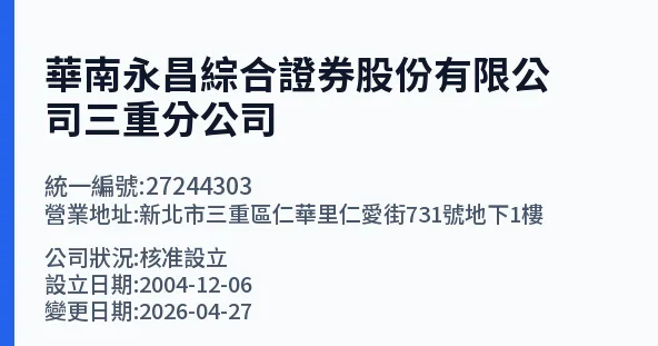 華南永昌綜合證券股份有限公司三重分公司的照片-統編 27244303(新北市) 公司登記資料與營業項目詳細圖表
