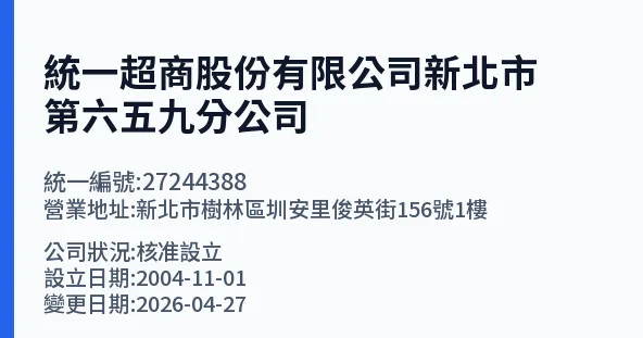 統一超商股份有限公司新北市第六五九分公司的照片-統編 27244388(新北市) 公司登記資料與營業項目詳細圖表