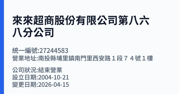 來來超商股份有限公司第八六八分公司的照片-統編 27244583(南投縣) 公司登記資料與營業項目詳細圖表