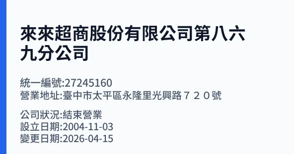 來來超商股份有限公司第八六九分公司的照片-統編 27245160(臺中市) 公司登記資料與營業項目詳細圖表