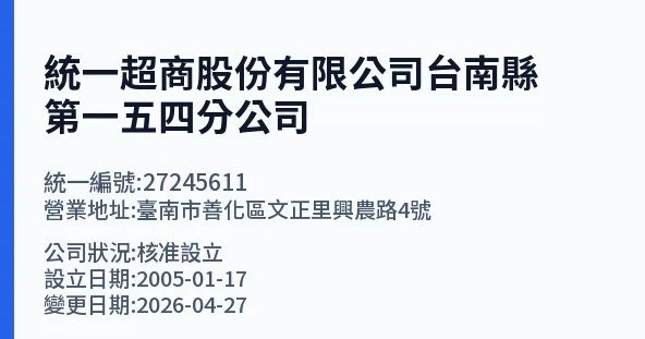 統一超商股份有限公司台南縣第一五四分公司的照片-統編 27245611(臺南市) 公司登記資料與營業項目詳細圖表