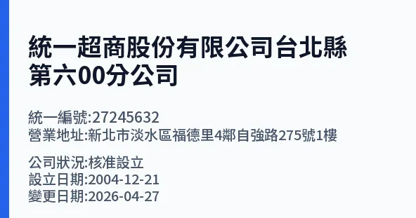統一超商股份有限公司台北縣第六00分公司的照片-統編 27245632(新北市) 公司登記資料與營業項目詳細圖表