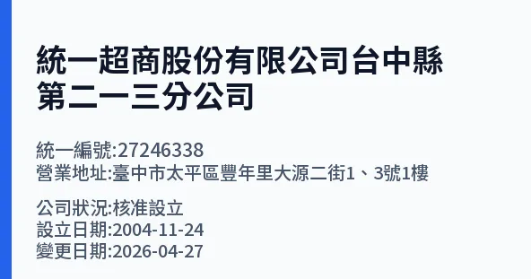 統一超商股份有限公司台中縣第二一三分公司的照片-統編 27246338(臺中市) 公司登記資料與營業項目詳細圖表