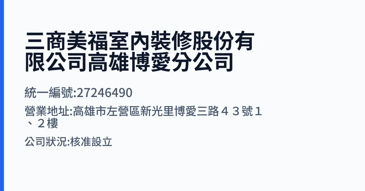 三商美福室內裝修股份有限公司高雄博愛分公司 - 統編 27246490(高雄市) 公司登記資料與營業項目詳細圖表