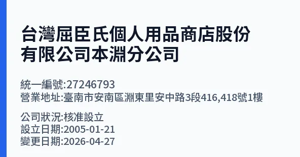 台灣屈臣氏個人用品商店股份有限公司本淵分公司的照片-統編 27246793(臺南市) 公司登記資料與營業項目詳細圖表