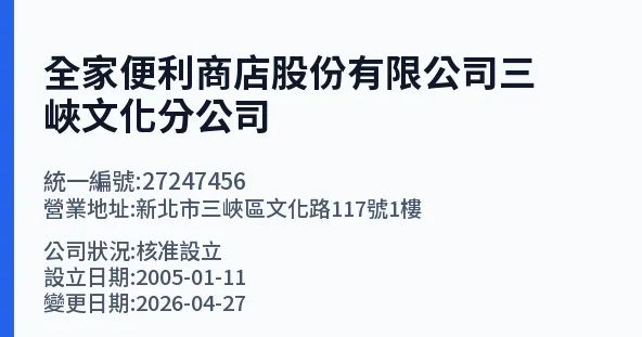 全家便利商店股份有限公司三峽文化分公司的照片-統編 27247456(新北市) 公司登記資料與營業項目詳細圖表