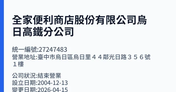 全家便利商店股份有限公司烏日高鐵分公司的照片-統編 27247483(臺中市) 公司登記資料與營業項目詳細圖表