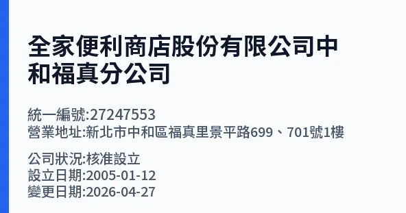 全家便利商店股份有限公司中和福真分公司的照片-統編 27247553(新北市) 公司登記資料與營業項目詳細圖表