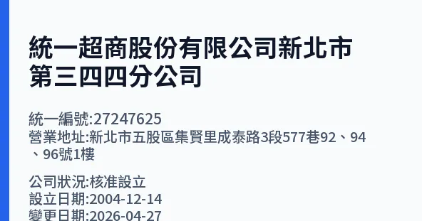 統一超商股份有限公司新北市第三四四分公司的照片-統編 27247625(新北市) 公司登記資料與營業項目詳細圖表