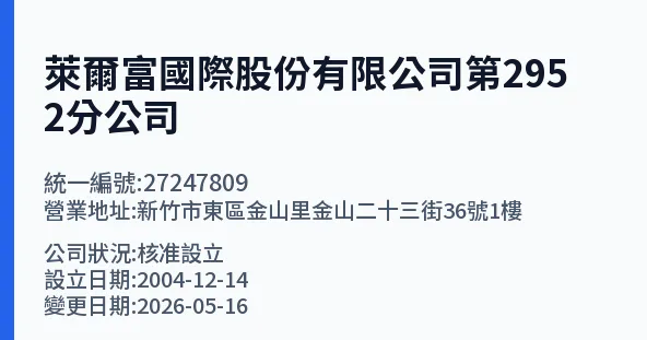 萊爾富國際股份有限公司第2952分公司的照片-統編 27247809(新竹市) 公司登記資料與營業項目詳細圖表