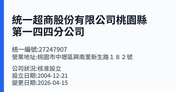 統一超商股份有限公司桃園縣第一四四分公司 - 統編 27247907(桃園市) 公司登記資料與營業項目詳細圖表
