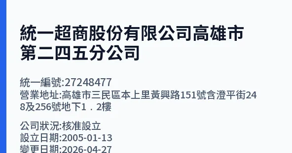 統一超商股份有限公司高雄市第二四五分公司的照片-統編 27248477(高雄市) 公司登記資料與營業項目詳細圖表