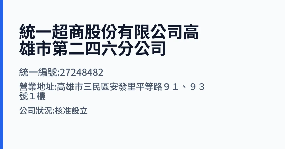 統一超商股份有限公司高雄市第二四六分公司 - 統編 27248482(高雄市) 公司登記資料與營業項目詳細圖表