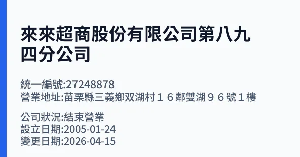 來來超商股份有限公司第八九四分公司的照片-統編 27248878(苗栗縣) 公司登記資料與營業項目詳細圖表