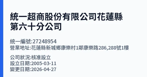 統一超商股份有限公司花蓮縣第六十分公司的照片-統編 27248954(花蓮縣) 公司登記資料與營業項目詳細圖表