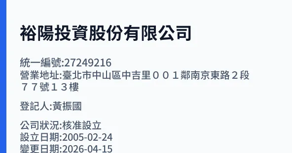 裕陽投資股份有限公司的照片-統編 27249216(臺北市) 公司登記資料與營業項目詳細圖表