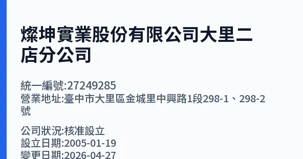 燦坤實業股份有限公司大里二店分公司的照片-統編 27249285(臺中市) 公司登記資料與營業項目詳細圖表