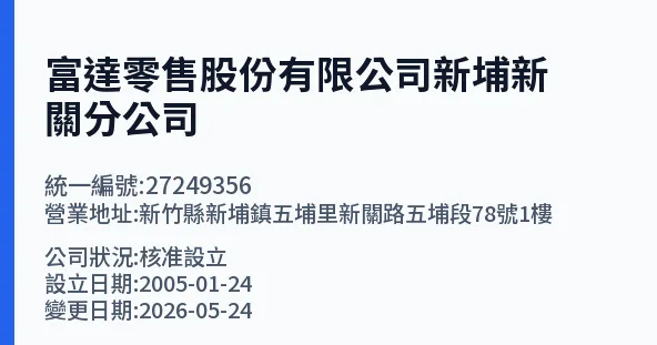 富達零售股份有限公司新埔新關分公司的照片-統編 27249356(新竹縣) 公司登記資料與營業項目詳細圖表