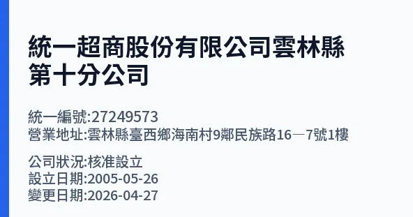統一超商股份有限公司雲林縣第十分公司的照片-統編 27249573(雲林縣) 公司登記資料與營業項目詳細圖表