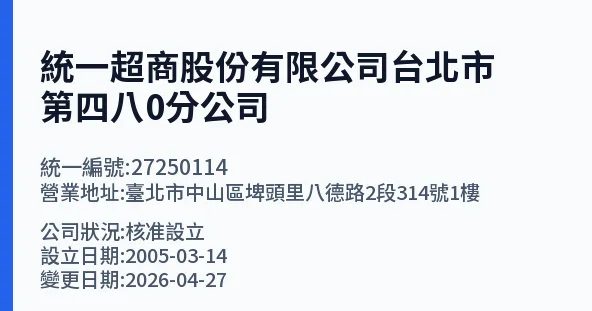 統一超商股份有限公司台北市第四八0分公司的照片-統編 27250114(臺北市) 公司登記資料與營業項目詳細圖表