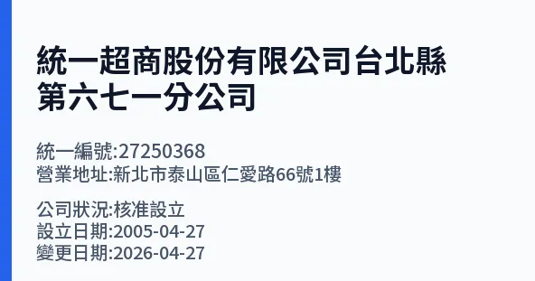 統一超商股份有限公司台北縣第六七一分公司的照片-統編 27250368(新北市) 公司登記資料與營業項目詳細圖表