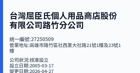 台灣屈臣氏個人用品商店股份有限公司路竹分公司的照片-統編 27250509(高雄市) 公司登記資料與營業項目詳細圖表