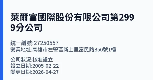 萊爾富國際股份有限公司第2999分公司的照片-統編 27250557(高雄市) 公司登記資料與營業項目詳細圖表