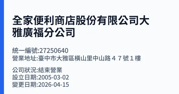 全家便利商店股份有限公司大雅廣福分公司的照片-統編 27250640(臺中市) 公司登記資料與營業項目詳細圖表