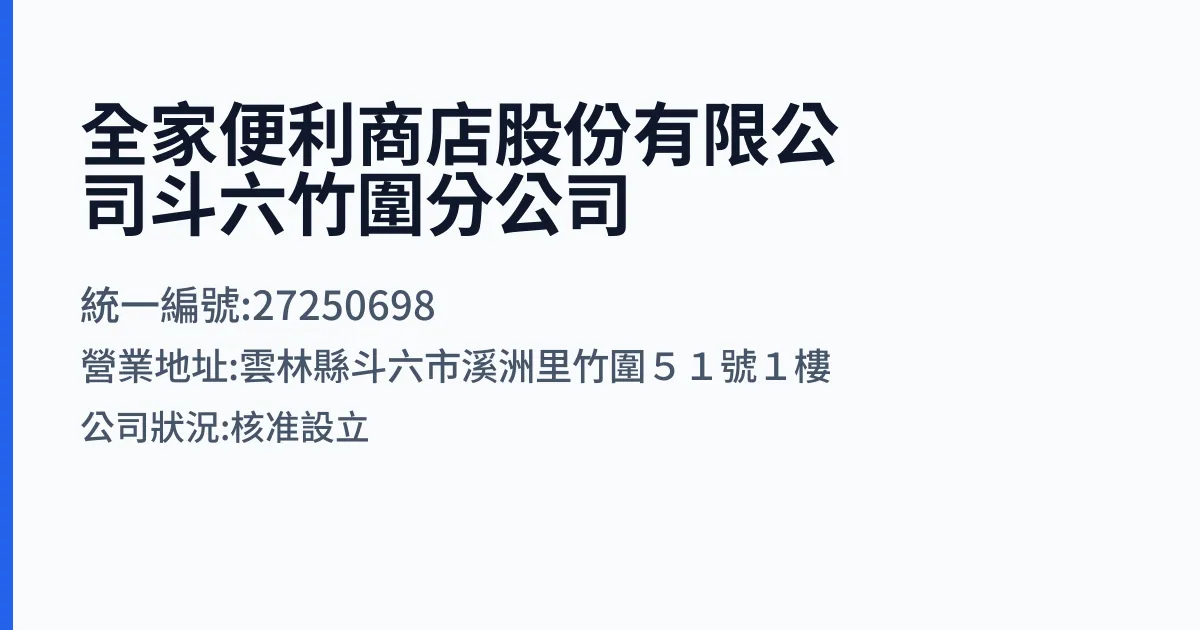 全家便利商店股份有限公司斗六竹圍分公司 - 統編 27250698(雲林縣) 公司登記資料與營業項目詳細圖表
