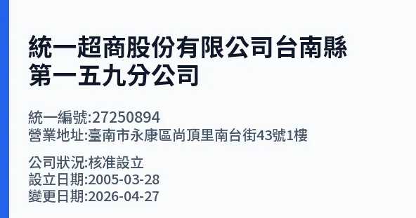 統一超商股份有限公司台南縣第一五九分公司的照片-統編 27250894(臺南市) 公司登記資料與營業項目詳細圖表